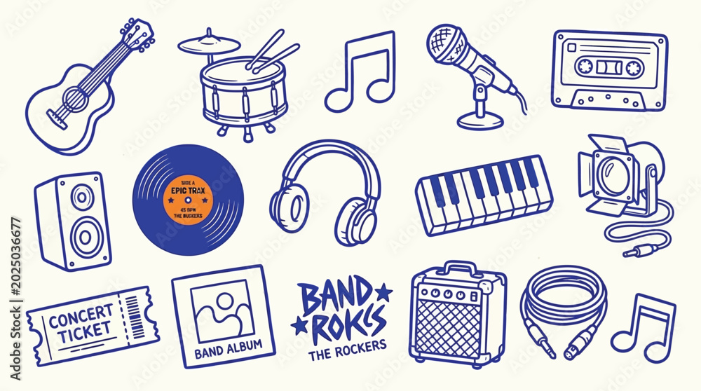 Collection of hand-drawn musical instruments and audio equipment icons ...