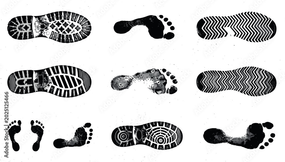Grunge footprint and shoe sole vector set with dirty boot tracks and ...