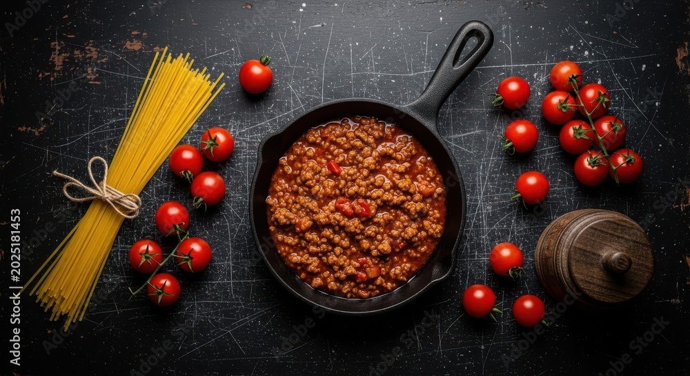 Bolognese sauce in a cast iron skillet with spaghetti pasta and fresh ...