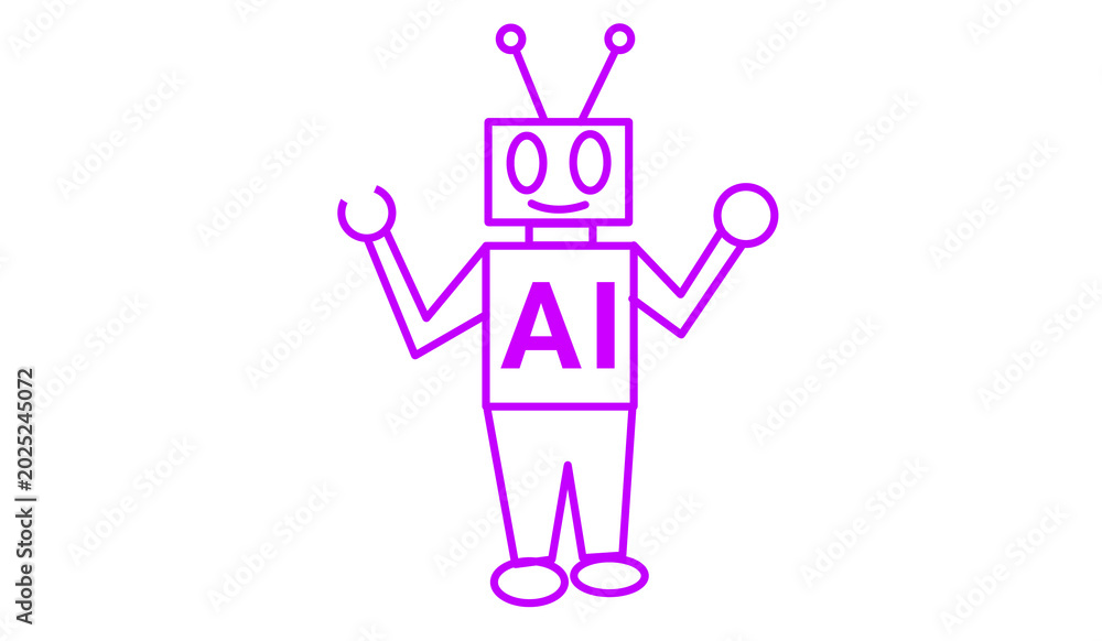 Cute AI robot character outline in purple, simple line art illustration ...