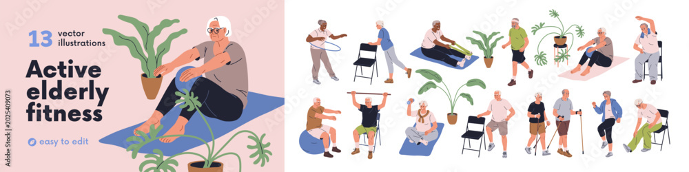 Senior old-aged people doing sport exercises, set. Active healthy ...