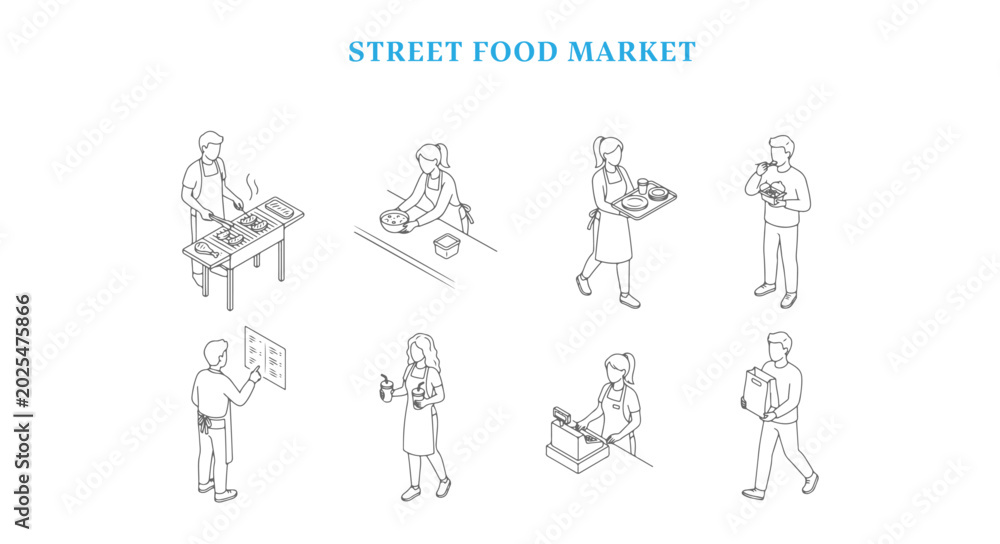 Isometric Street Food Market People Vector Set, Outline Architectural ...