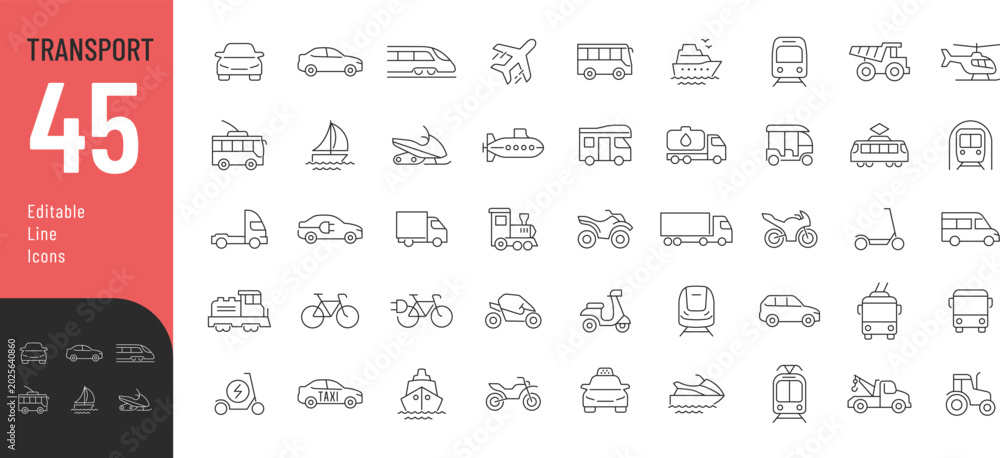 Transport Line Editable Icons set. Vector illustration in a modern thin ...