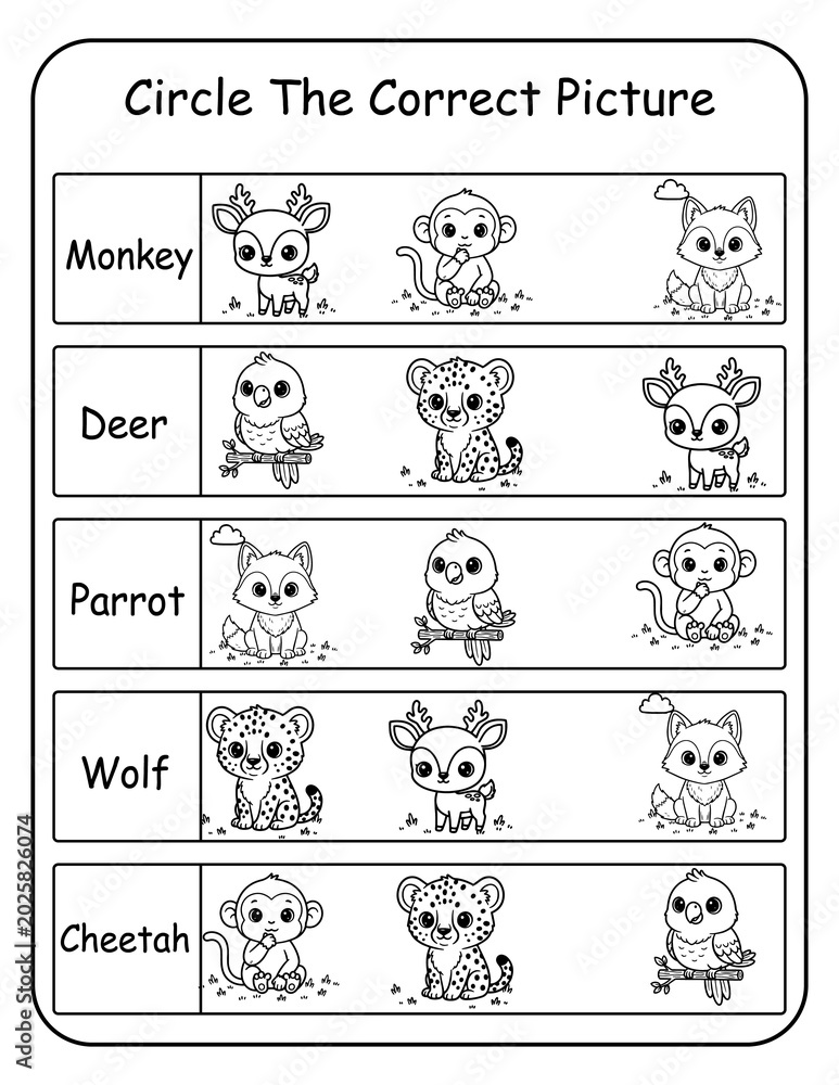 Printable wild animal word recognition worksheets for preschool and ...