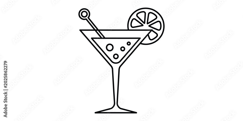 Black and white line art icon of a martini cocktail with lemon slice の ...