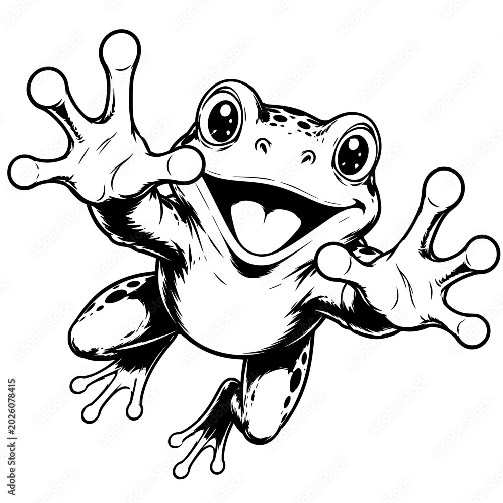jumping frog with wide smile and open hands for nature wildlife ...