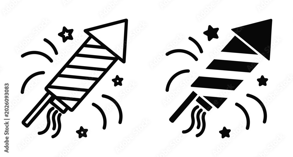 Firework rocket icons in outline and solid styles for celebration ...
