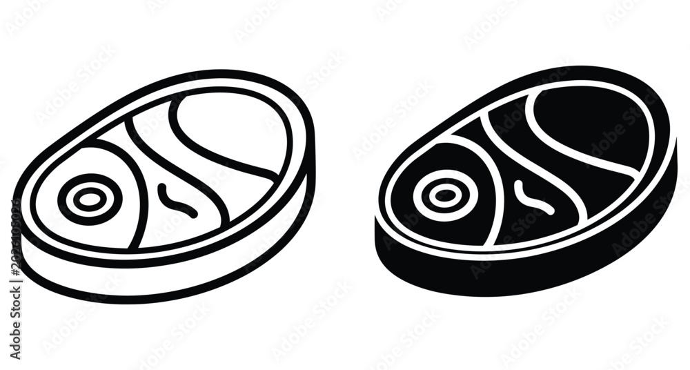 Raw beef steak icons showing meat marbling and bone in outline and ...