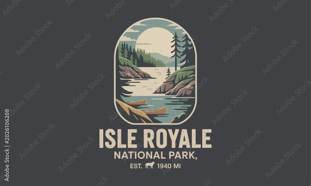 Isle Royale National Park Emblem with Wilderness Landscape and Water ...