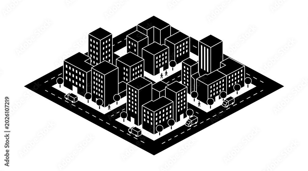 Isometric city map black and white vector illustration. の Stock ベクター ...