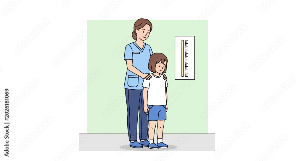 Pediatrician measuring child's height on a wall-mounted scale in a ...