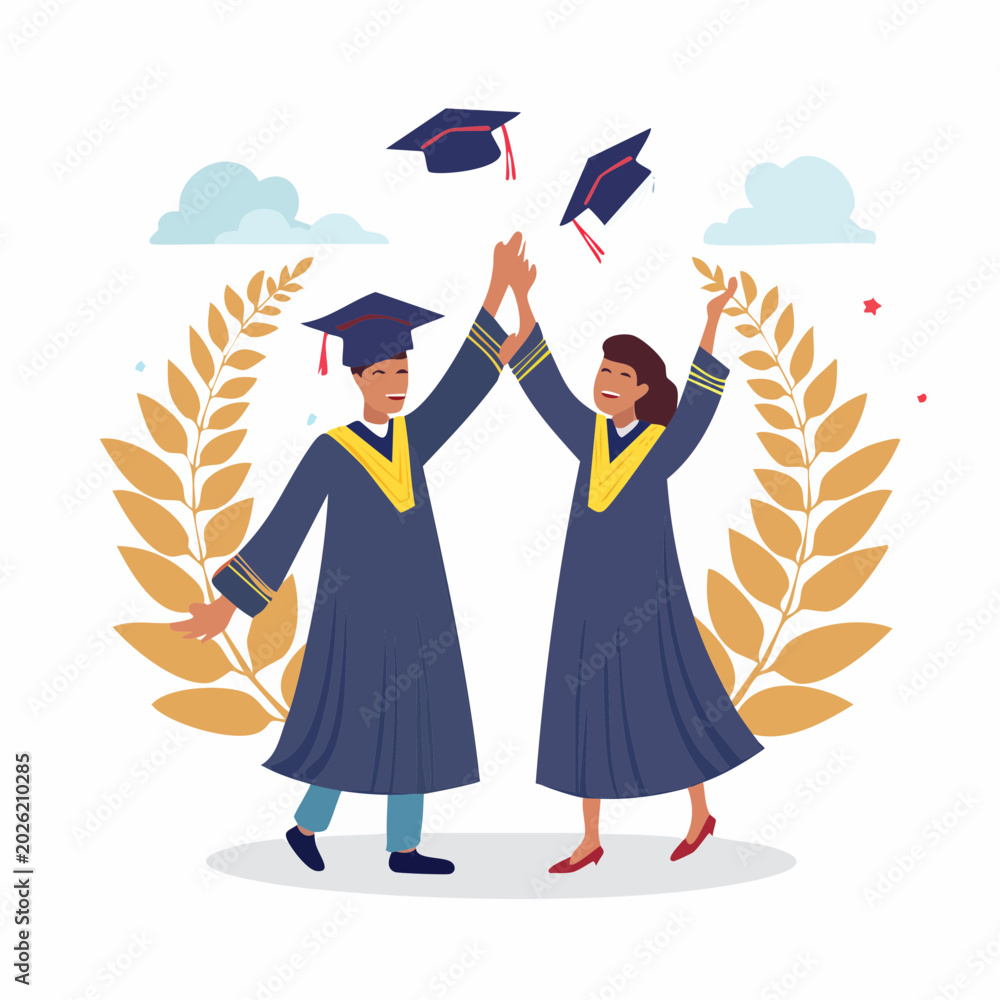 Graduation Celebration: Two Students High-Fiving with Caps Thrown in ...