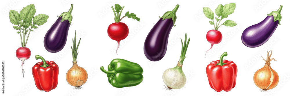 Set and collection of fresh raw radish bell pepper onion and eggplant ...