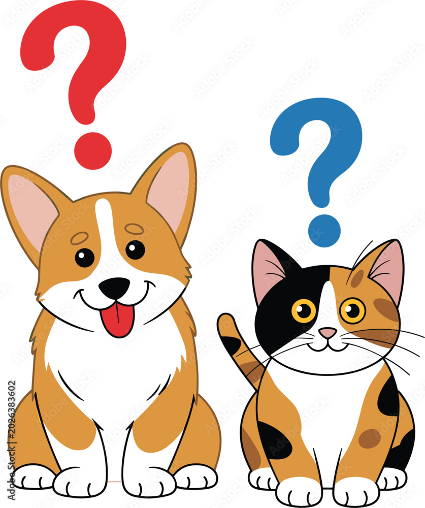 Cute dog and cat cartoon vector illustration with question marks ...
