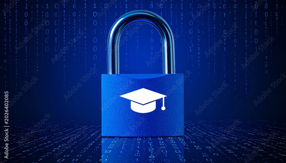 Blue padlock, graduation cap icon, binary code cybersecurity education ...