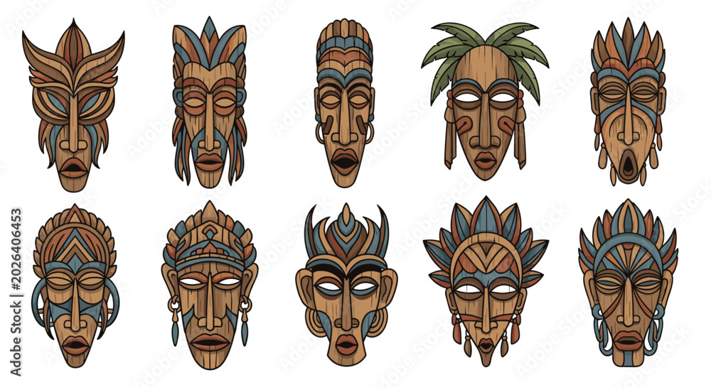 Comprehensive collection of ten unique traditional wooden tiki masks ...