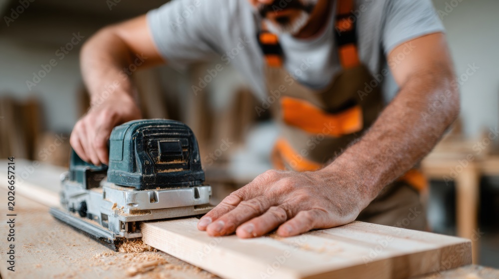 Male carpenter using electric sander on wooden plank in workshop ...