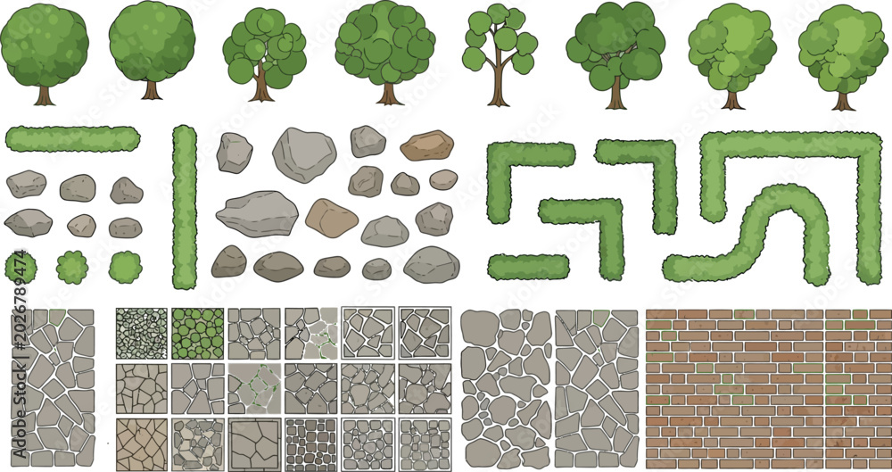 Landscape design element set with green trees hedges rocks and stone ...