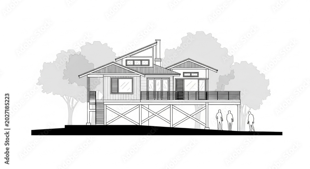 Elevated Timber House Elevation Vector with Sloped Roof Geometry and ...