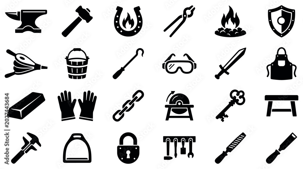 Icon set for blacksmith tools and metalworking forge equipment used for ...