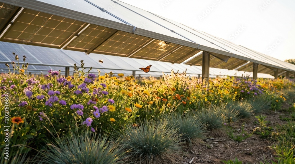 Photo Stock Pollinator habitat under solar panels in a flowering field ...