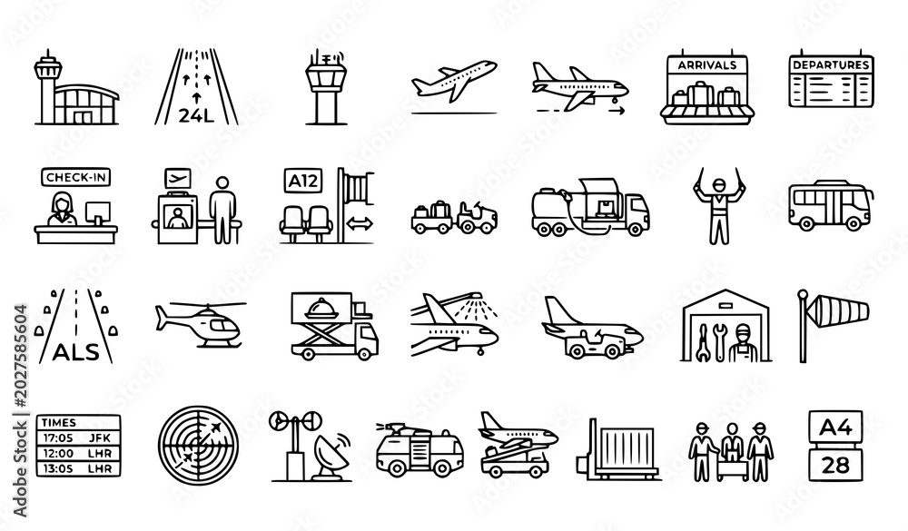Aviation Ground Support and Airport Line Icon Collection Vector Runway ...