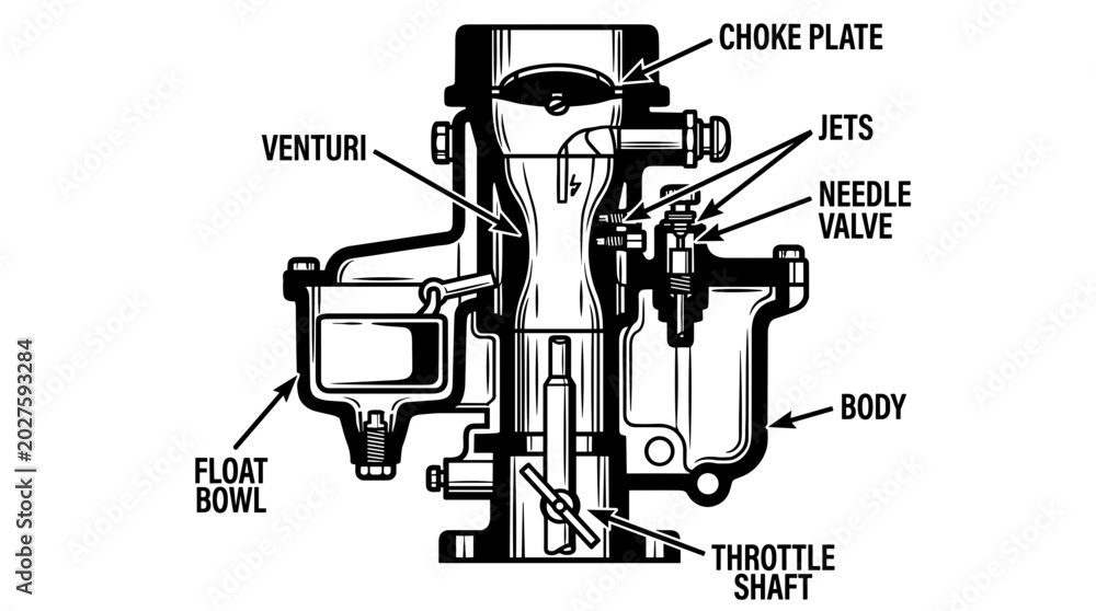 Internal combustion engine carburetor diagram with labels. の Stock ベクター ...