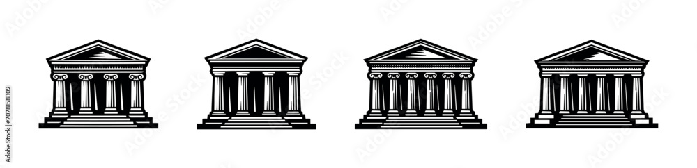 Collection of classical Greek-style buildings with columns and ...