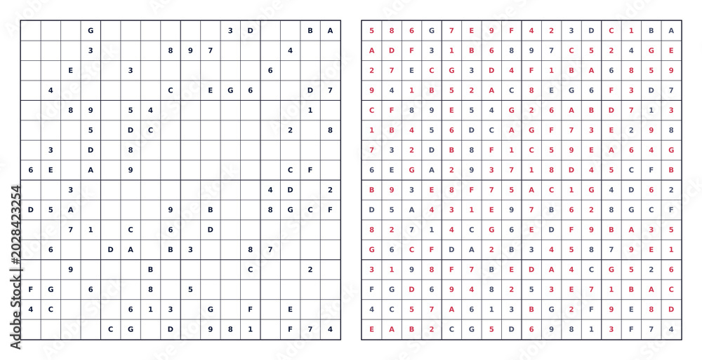 16x16 Hexadoku with letters A-F. Transparent background black grid red ...