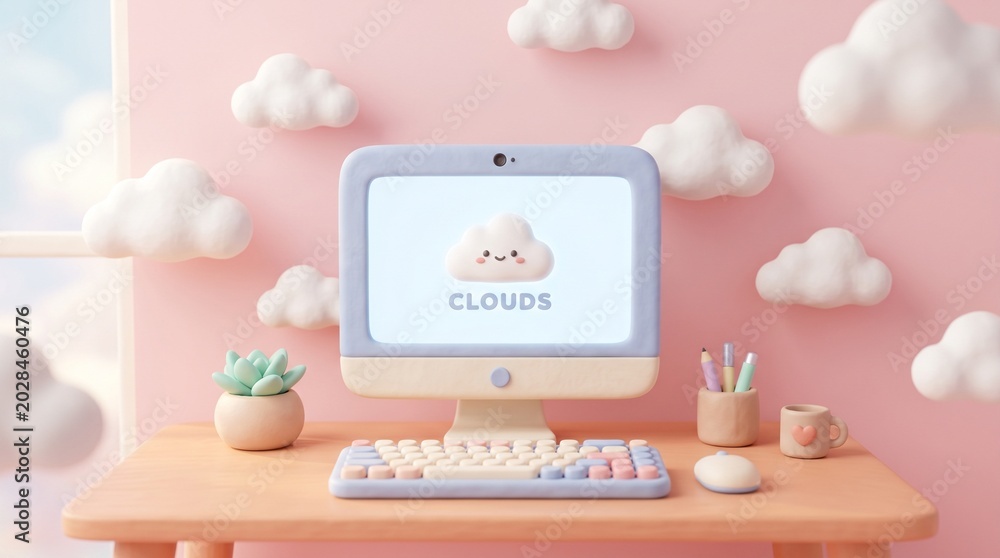 A cute, kawaii-style 3D desktop setup on a light wood desk against a ...