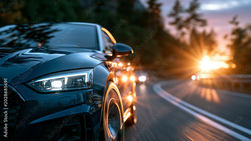 Sports car accelerating on empty road at sunset with motion blur ...