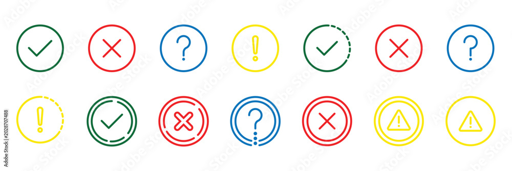 Stock-Vektorgrafik „Check mark icons, error symbol, alert sign, status ...