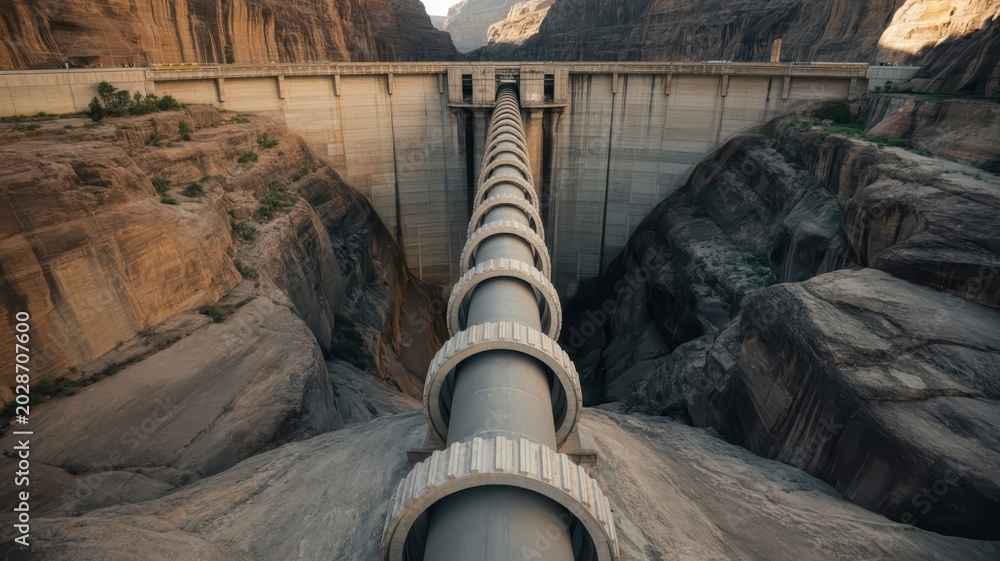 Tall concrete dam with an arch bridge and water reservoir in a canyon ...
