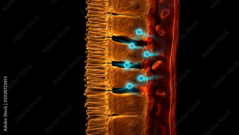 Cross-section of intestinal barrier with disrupted tight junctions and ...