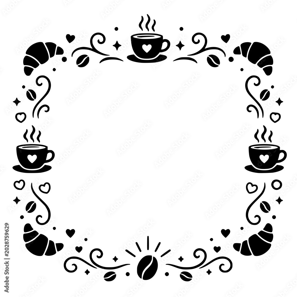 Coffee frame with cups, croissants, hearts, steam, and empty center ...