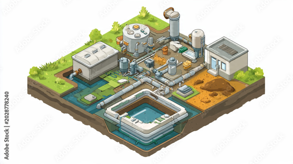 isometric factory layout with water treatment plants and pipelines for ...