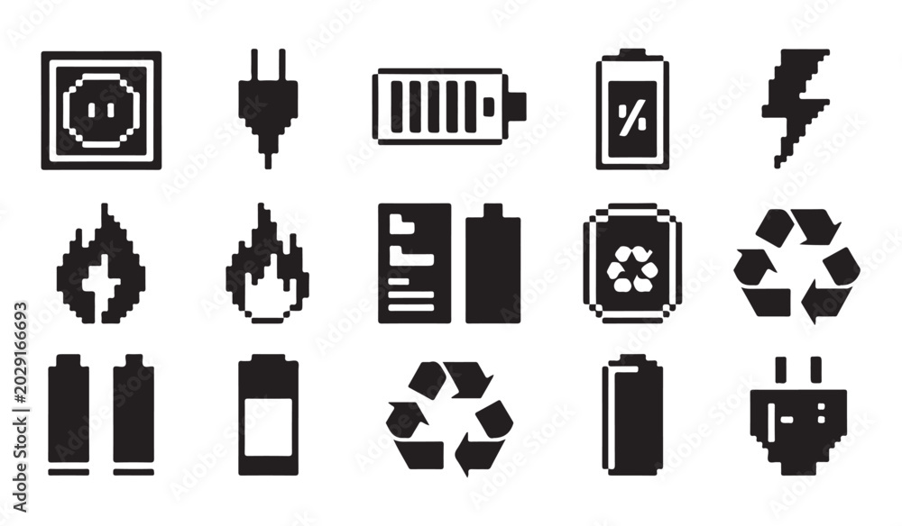 Pixel art energy and battery icons with plug and fire symbols ...