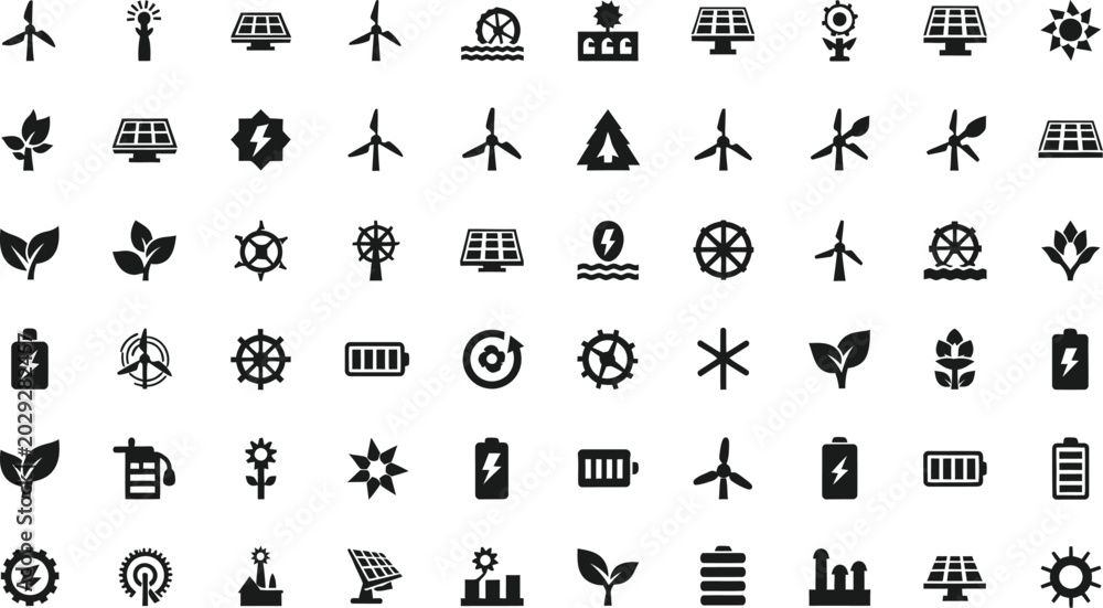 Renewable energy icons depict solar panels, wind turbines, and battery ...