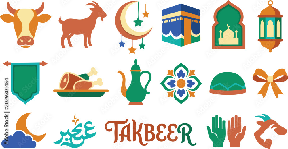Eid al Adha Mubarak Vector Illustration with Sacrificial Cow and ...