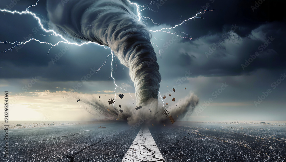 Tornado storm with lightning strikes road debris on highway during ...