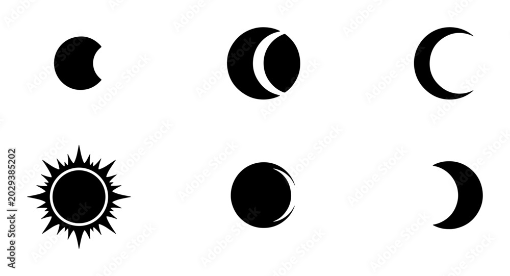 Celestial Icons: Sun and Moon Phases, Cosmic Symbols for Astronomy and ...