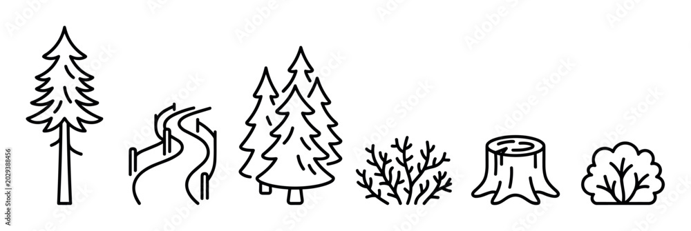 Stock-Vektorgrafik „Various black outline nature icons including trees ...