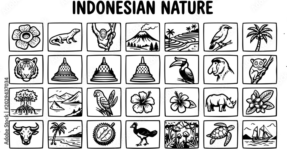 Stock-Vektorgrafik „Indonesian Nature Icons - Black and White Line Art ...