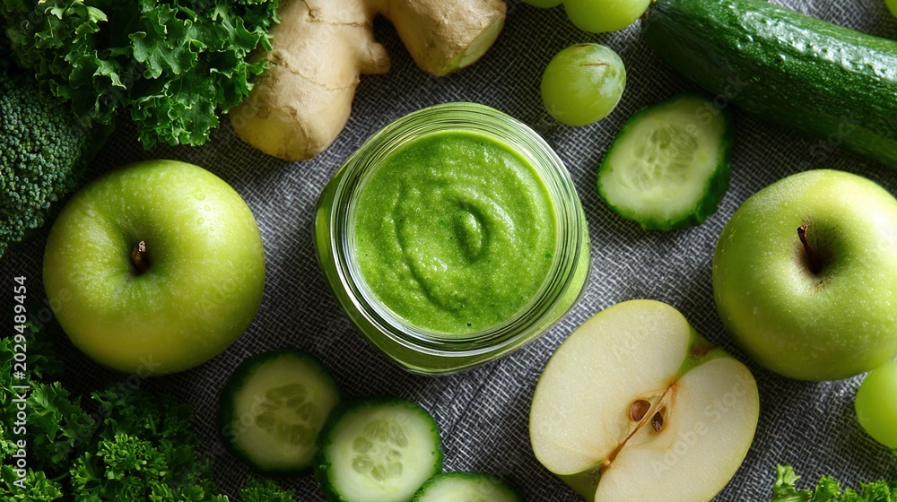 kale. A vibrant green health smoothie surrounded by fresh fruits and ...