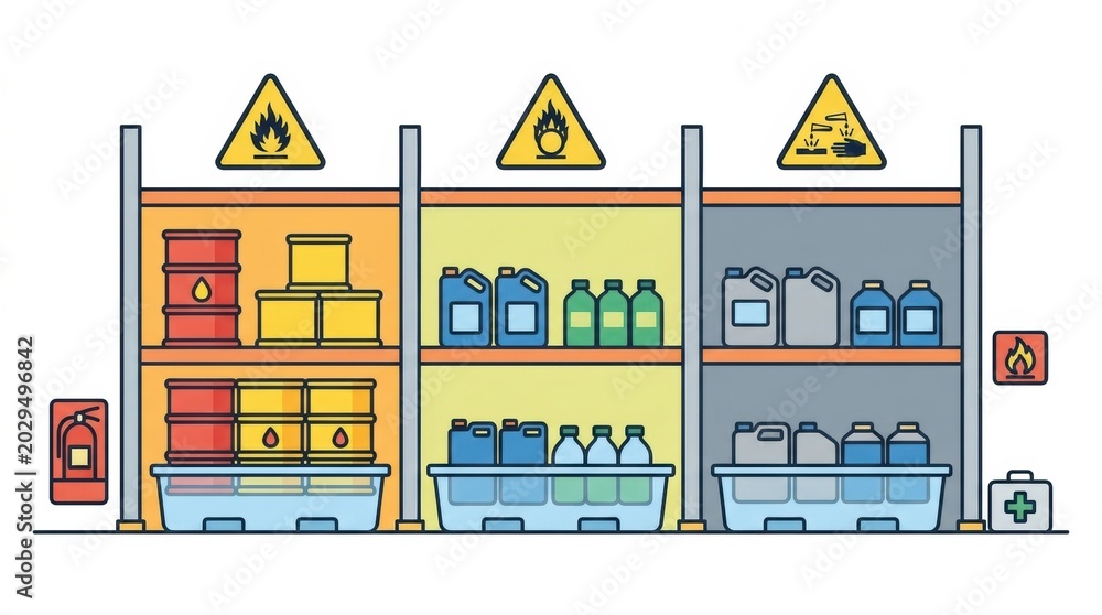 Warehouse shelves display safety-labeled containers for proper material ...
