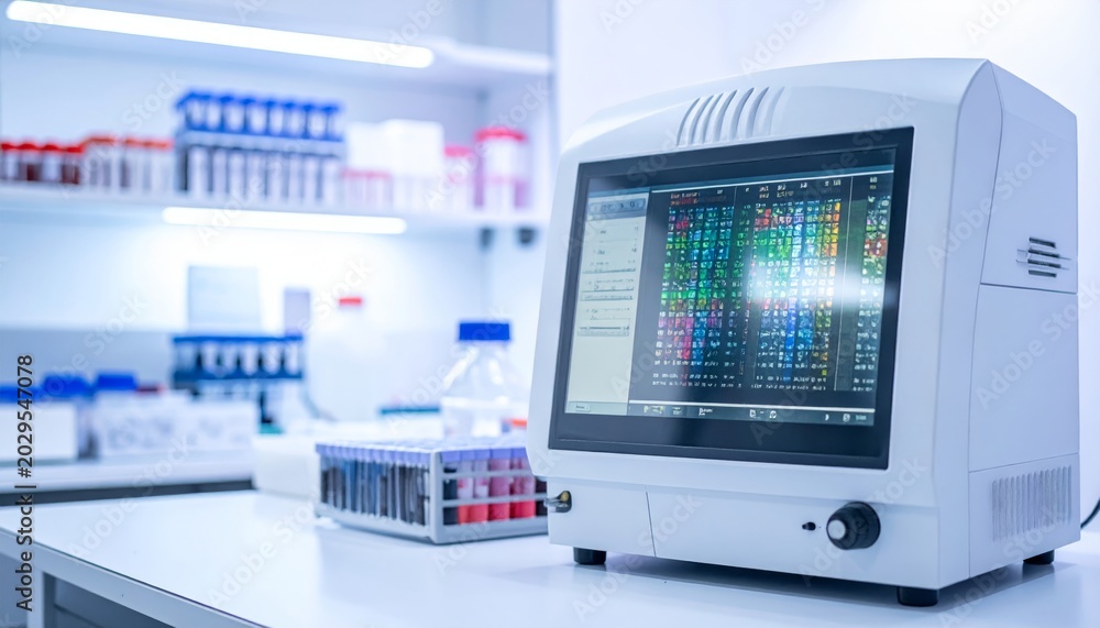 Microplate reader displaying colorimetric assay results in laboratory の ...