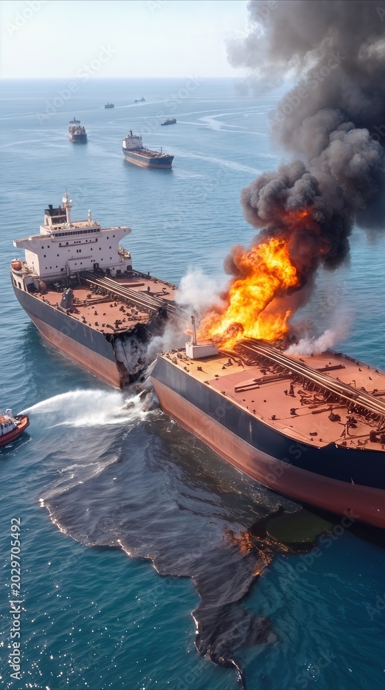 Stock-Foto „Large oil tanker split in half and burning at sea. Massive ...