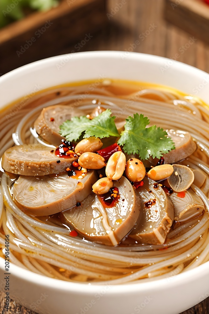 Spicy fu qi fei pian mian noodle soup with braised beef and peanuts の ...