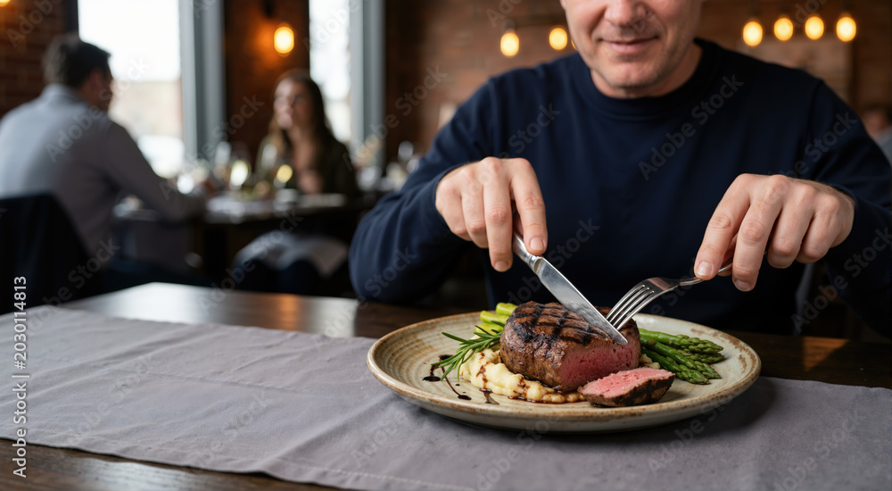 Man cutting grilled filet mignon steak in a restaurant. Beef tenderloin ...