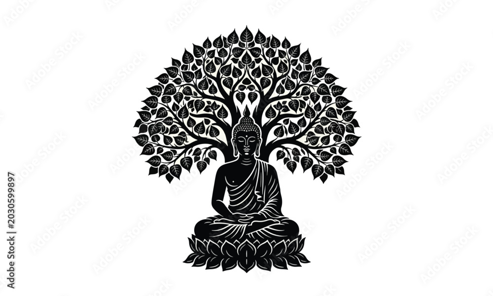 Stock-Vektorgrafik „Buddha meditating under Bodhi tree on lotus flower ...
